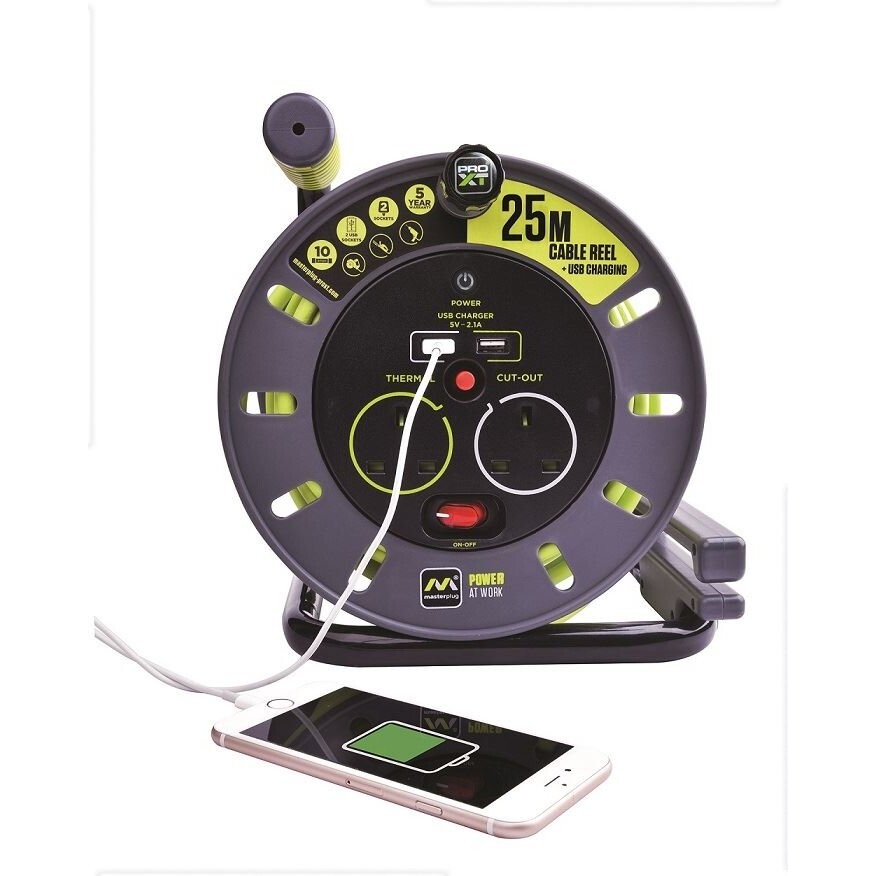 Masterplug OMU25132USL-PX 25m 2 Socket Electrical Cable Reel with 2x ...