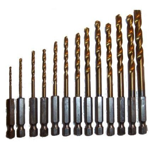 13 Piece Titanium Coated Hex Drill Bit Set - Shank 13pc HSS High Speed Bits - titanium coated ...