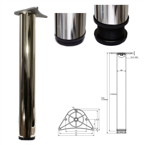 1 x 1100mm Adjustable Chrome Breakfast Bar Worktop Support Table Leg ...