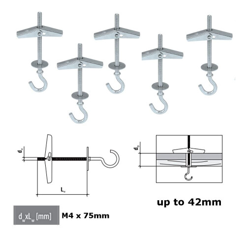 Plasterboard Hook Hanger with Spring Toggle Fixing M4 x 75mm - Pack of ...
