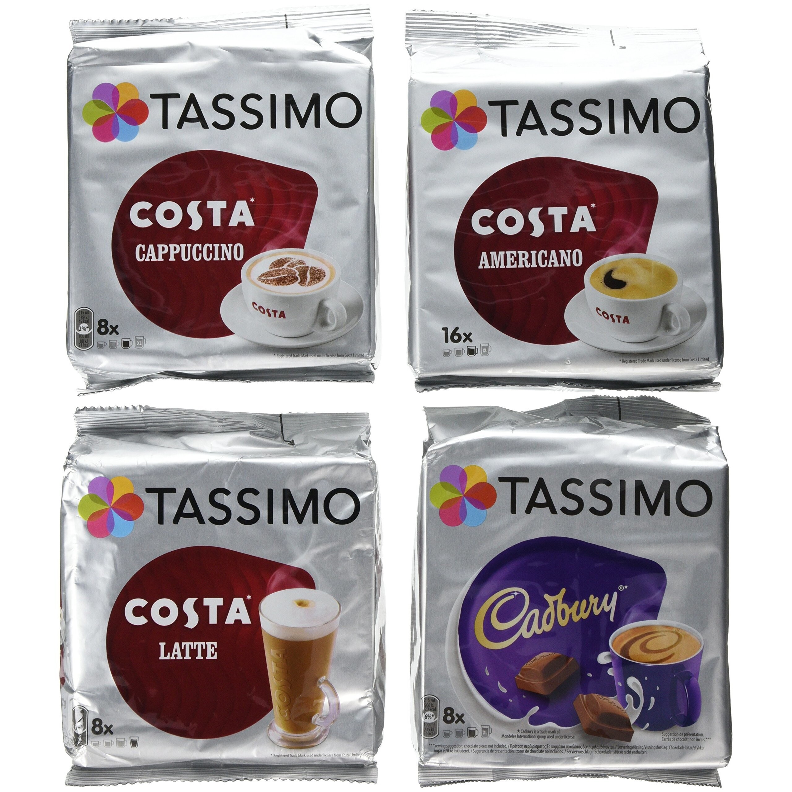 TASSIMO COSTA Cappuccino/Latte/Americano/Cadbury (4 Packs Set = 40 ...