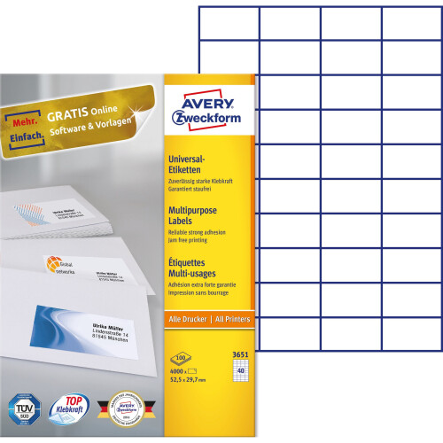 Avery Zweckform 3651 Universal Labels 52.5 x 29.7 mm 100 Sheets White ...