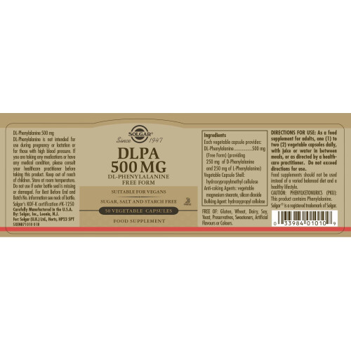 Solgar DLPA 500 mg (DL-Phenylalanine) Vegetable Capsules - Pack of 50 ...