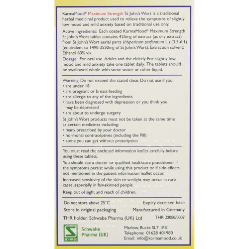 Schwabe Pharma KarmaMood Maximum Strength St John's Wort Extract 425mg ...