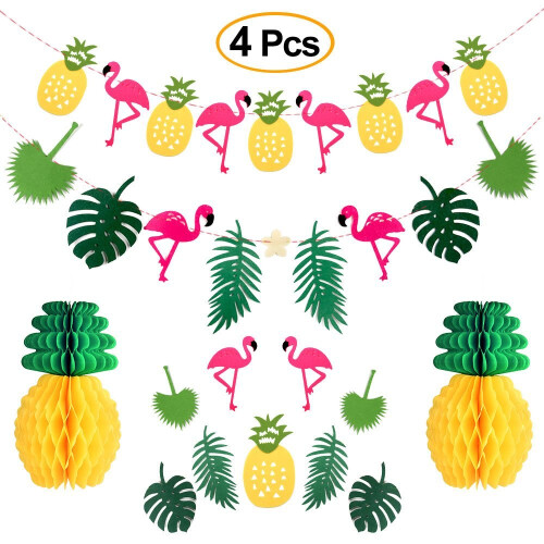 FEPITO 2 Pack Hawaiian Tropical Garland Pineapple Flamingo Banner with ...