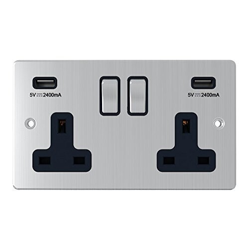AET USBFSC2GSOCBC 13 A 2-Gang Satin Chrome Flat Double Plug Socket Dual USB Power Outlet W/USB ...