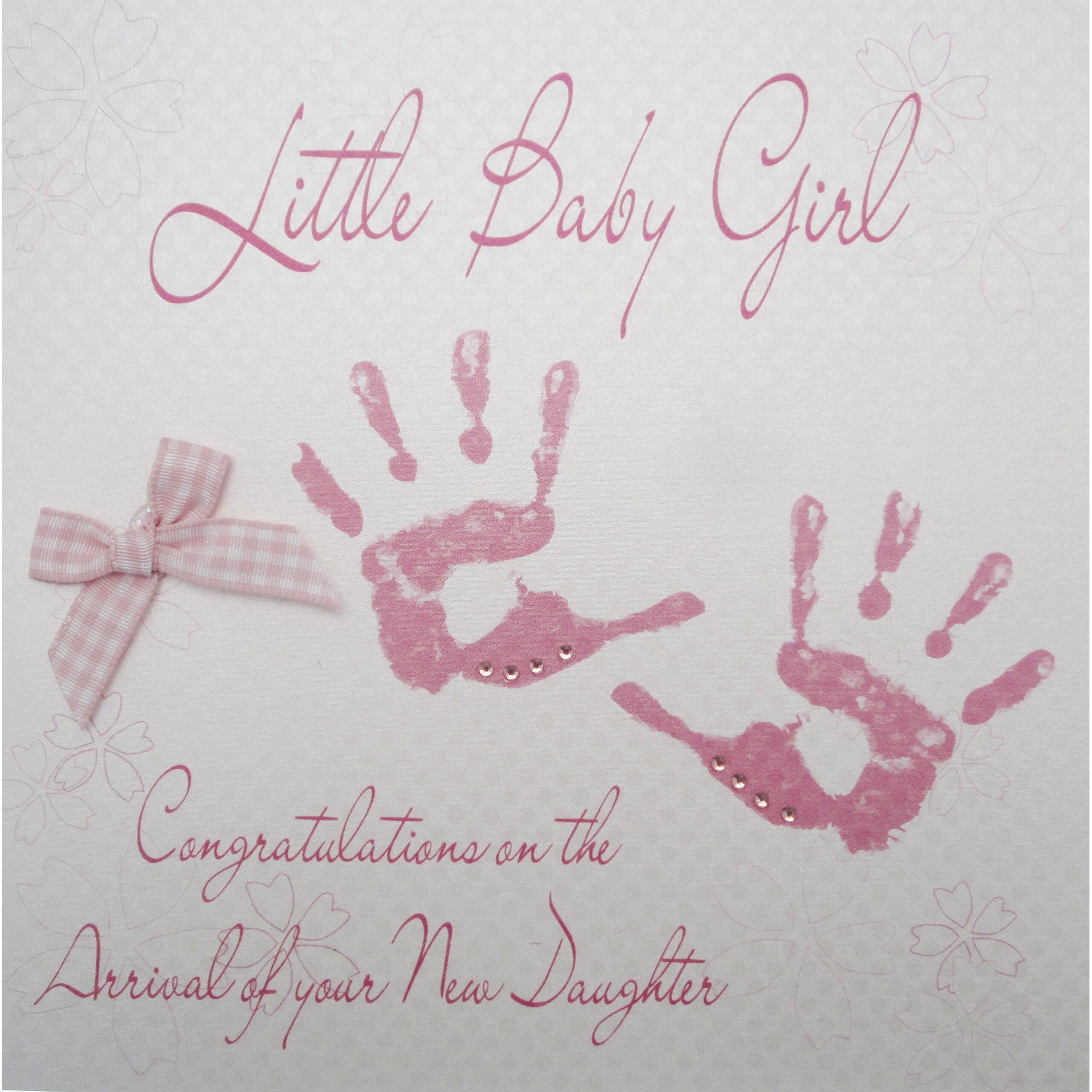 WHITE COTTON CARDS Pink Handprints Little Baby Girl Congratulations On ...