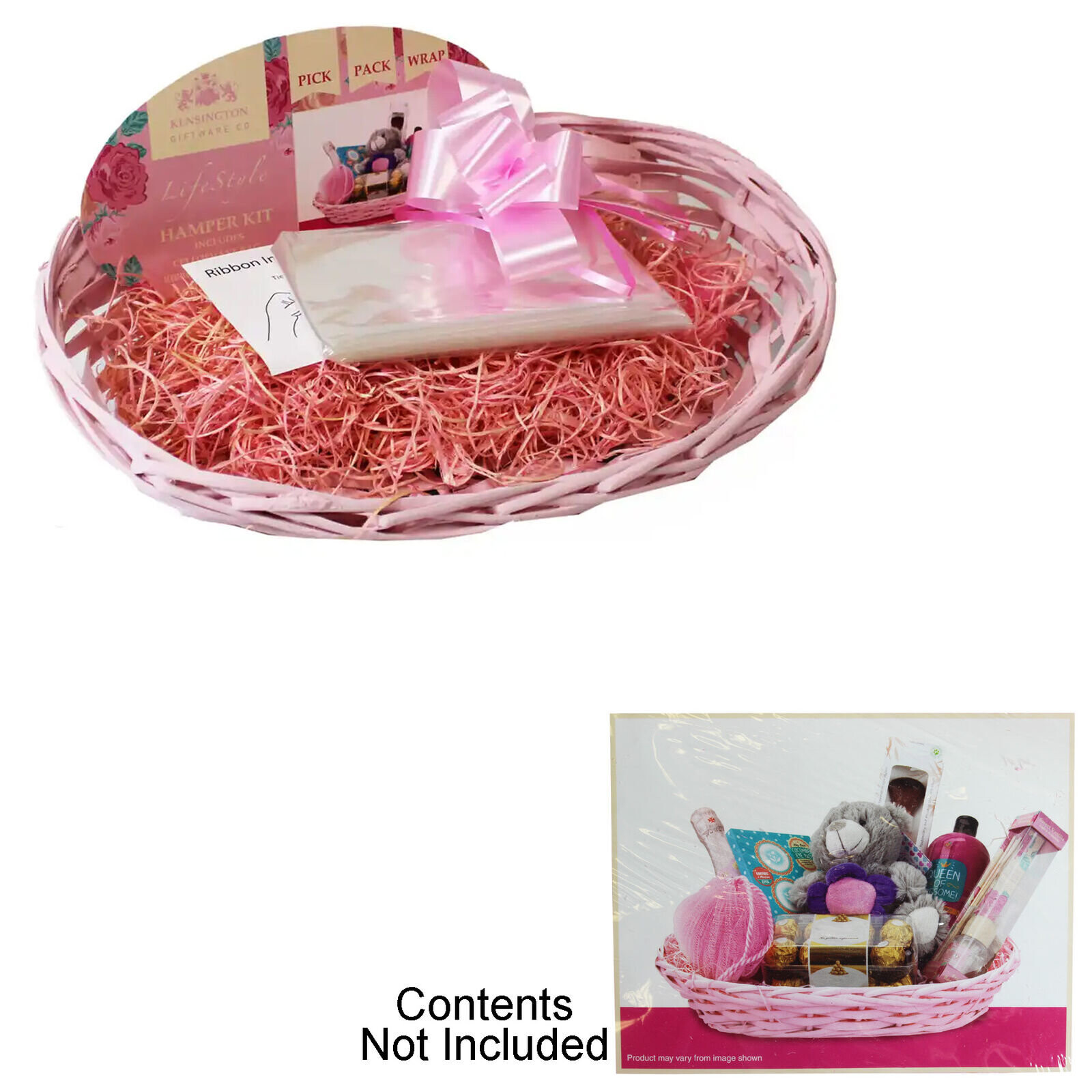 Make Your Own Hamper Kit Pink Basket; Bag; Ribbon; Wood Wool - 30cm x ...