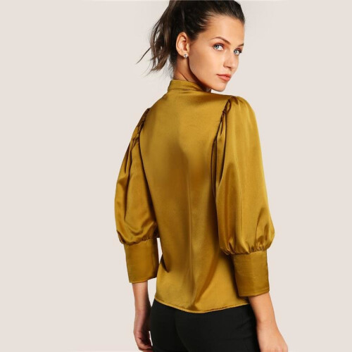 Silk Blouse Puff Sleeve Slim Fit Blouse Yellow Shirt Women Long Sleeve ...