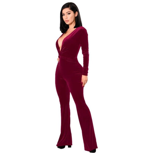 Sexy Deep V-Neck Velvet Jumpsuits Rompers Women Solid Long Sleeve Criss ...