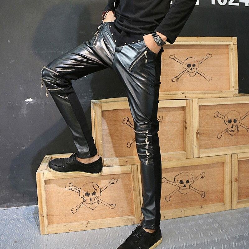 Punk Style Mens Studded Skinny Faux Leather Pants Motorcycle Rock Black ...