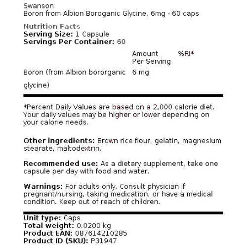 Albion Boron Bororganic Glycine 6 mg 60 gélules végétaliennes Swanson ...