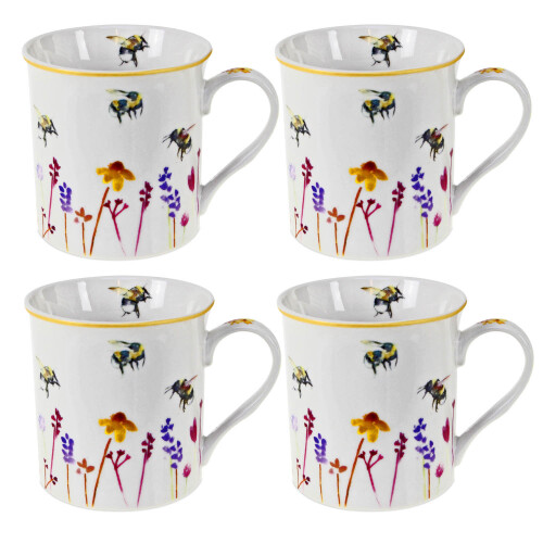 Set of 4 Busy Bees Tea Party Cups Drinking Mugs Watercolour Floral ...