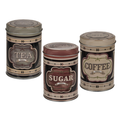 Set Of 3 Round Metal Vintage Tea Coffee Sugar Kitchen Storage Canister ...