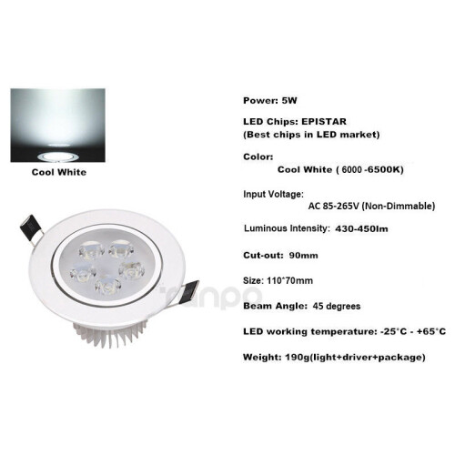 220V 5W LED Recessed Ceiling Downlights Round Down Light Lamps with ...