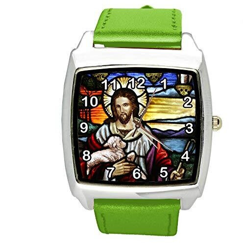 Jesus Christ Quartz Square Watch Green Leather Band on OnBuy