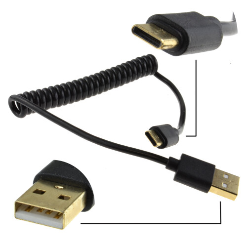 kenable Coiled Shielded USB 3.1 Type C Data 22 AWG Cable BLACK 1m GOLD ...