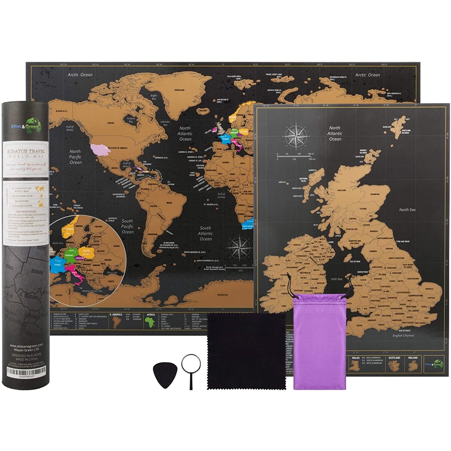 Scratch Off World Map A3 Travel Size (42 x 29.7cm) + BONUS A4 UK Map ...