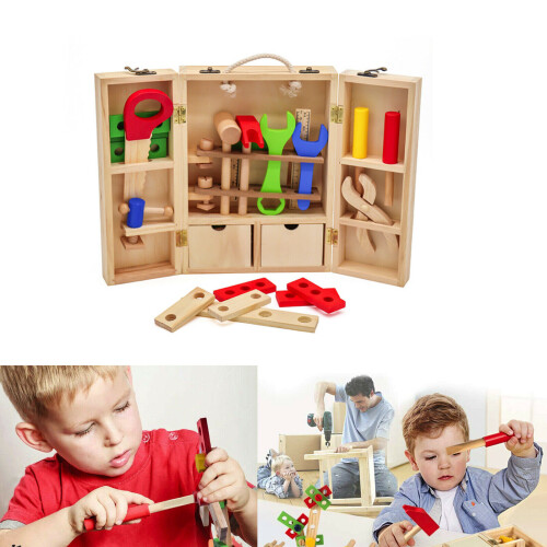 Wooden Tool Box Carrycase Pretend Role Play Assembly Construction Toys ...