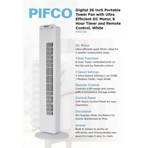 Pifco P40016 Digital 36" Tower Fan/Purifier Ultra-Efficient DC Motor on ...