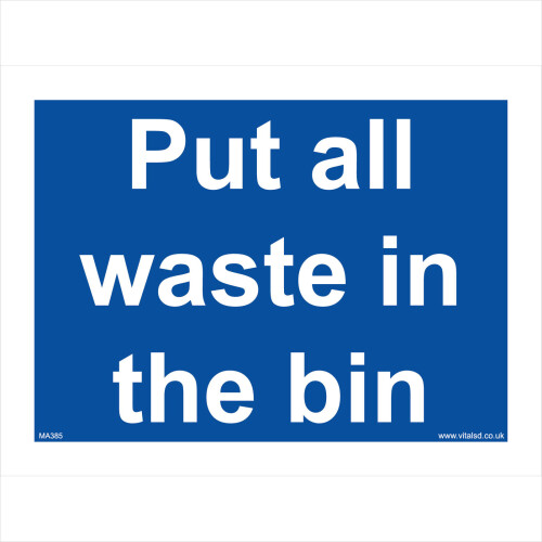 MA385 Put All Waste In The Bin SIGN paper plastic glass rubbish trash ...