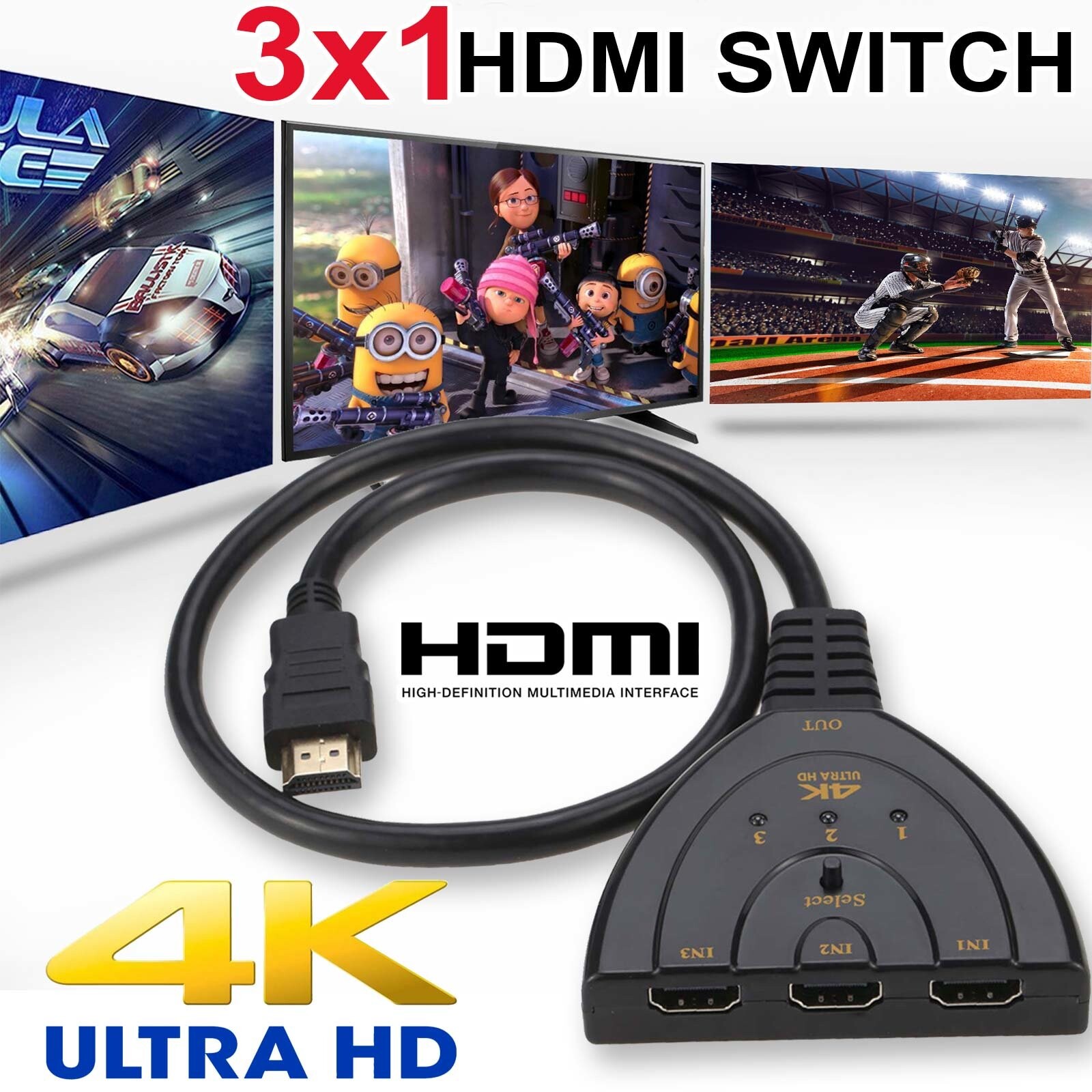 3 in1 Multi HDMI Switch Hub 4K 1080P Display Auto Cable HD TV Adapter ...