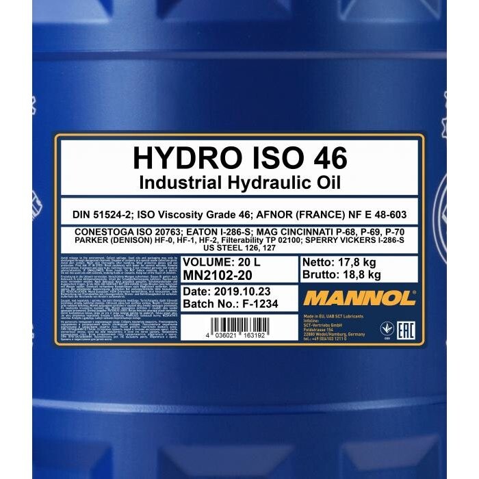 MANNOL 20L Hydraulic Oil 46 Fluid HLP 46 High Grade 20 Litres ISO 46 ...