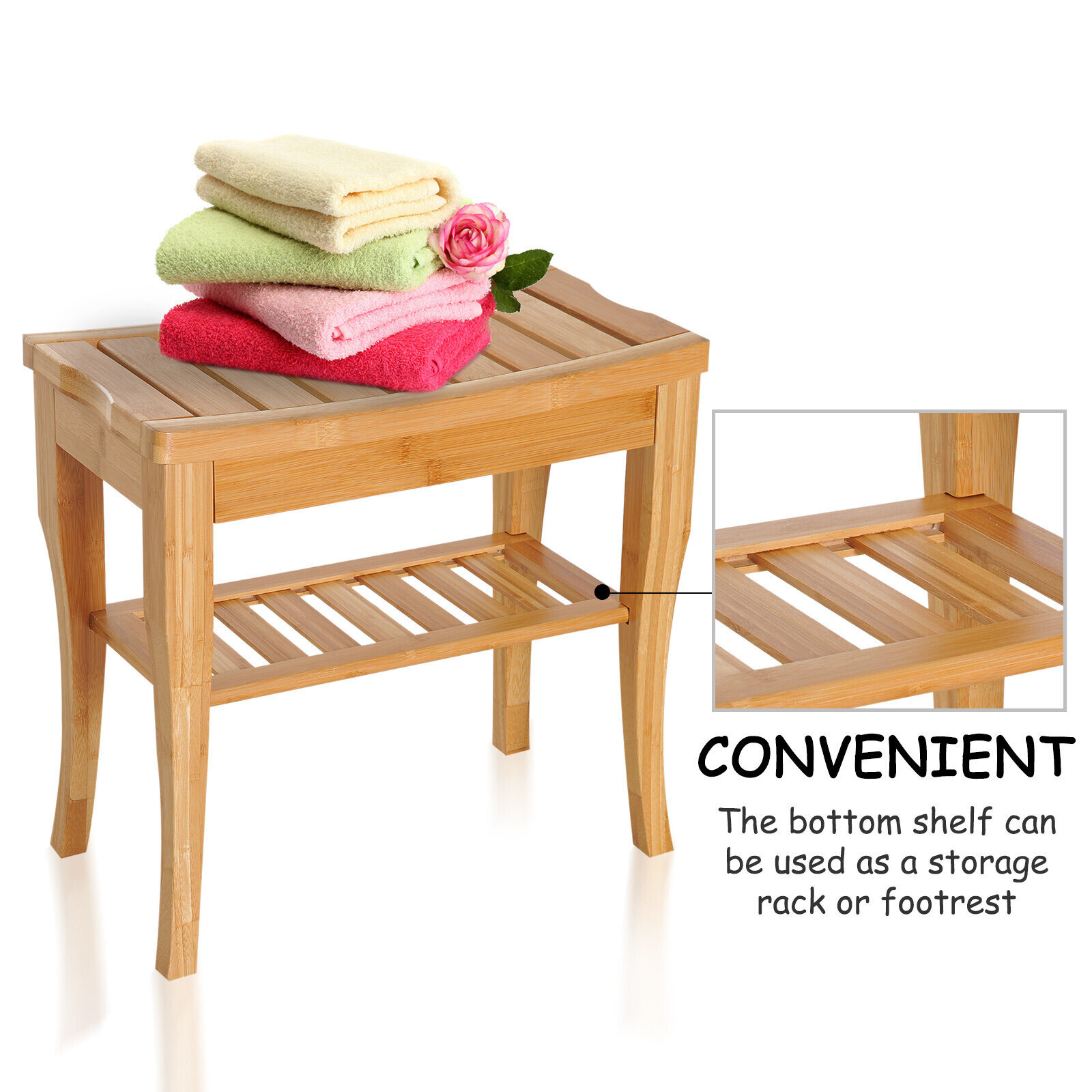 HOMCOM 45cm 2-Tier Slatted Shower Bench Storage Seat w/ 4 Legs Safe on ...