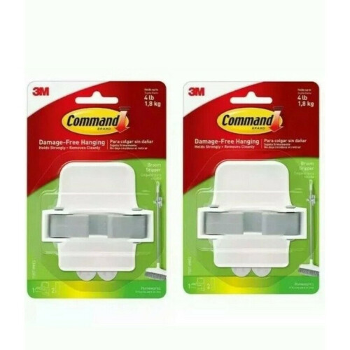 2X Command Broom Gripper Holder Wall Hanging Clip 1 Hook 2 Strips Hold ...