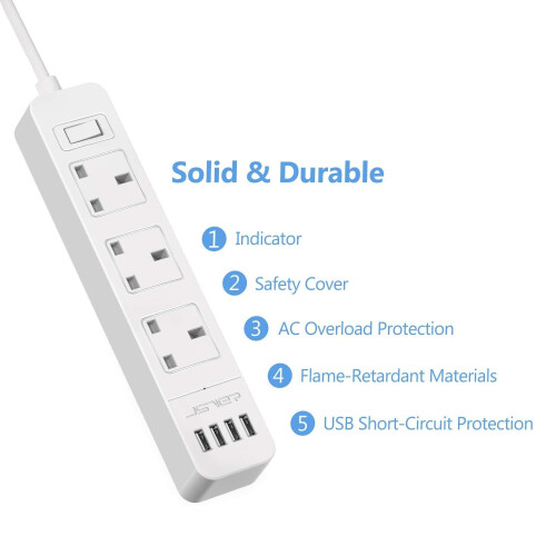 JSVER Extension Lead USB, Power Socket with 3 Outlet 4 USB Charging ...