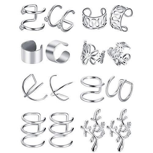 8 Pairs Stainless Steel Ear Cuff Non Piercing Clip on Cartilage ...