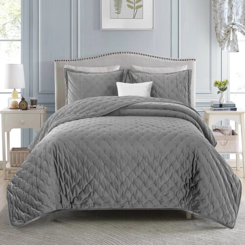 (Grey, Double) 3pc Imperial Rooms Velvet Bedspread Set on OnBuy