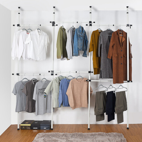 Triple Telescopic 2-Tier Wardrobe Organiser Hanging Rail Clothes Rack ...