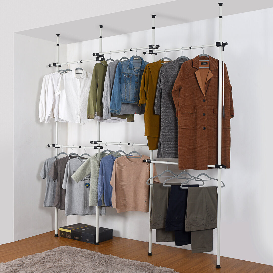 Triple Telescopic 2-Tier Wardrobe Organiser Hanging Rail Clothes Rack ...