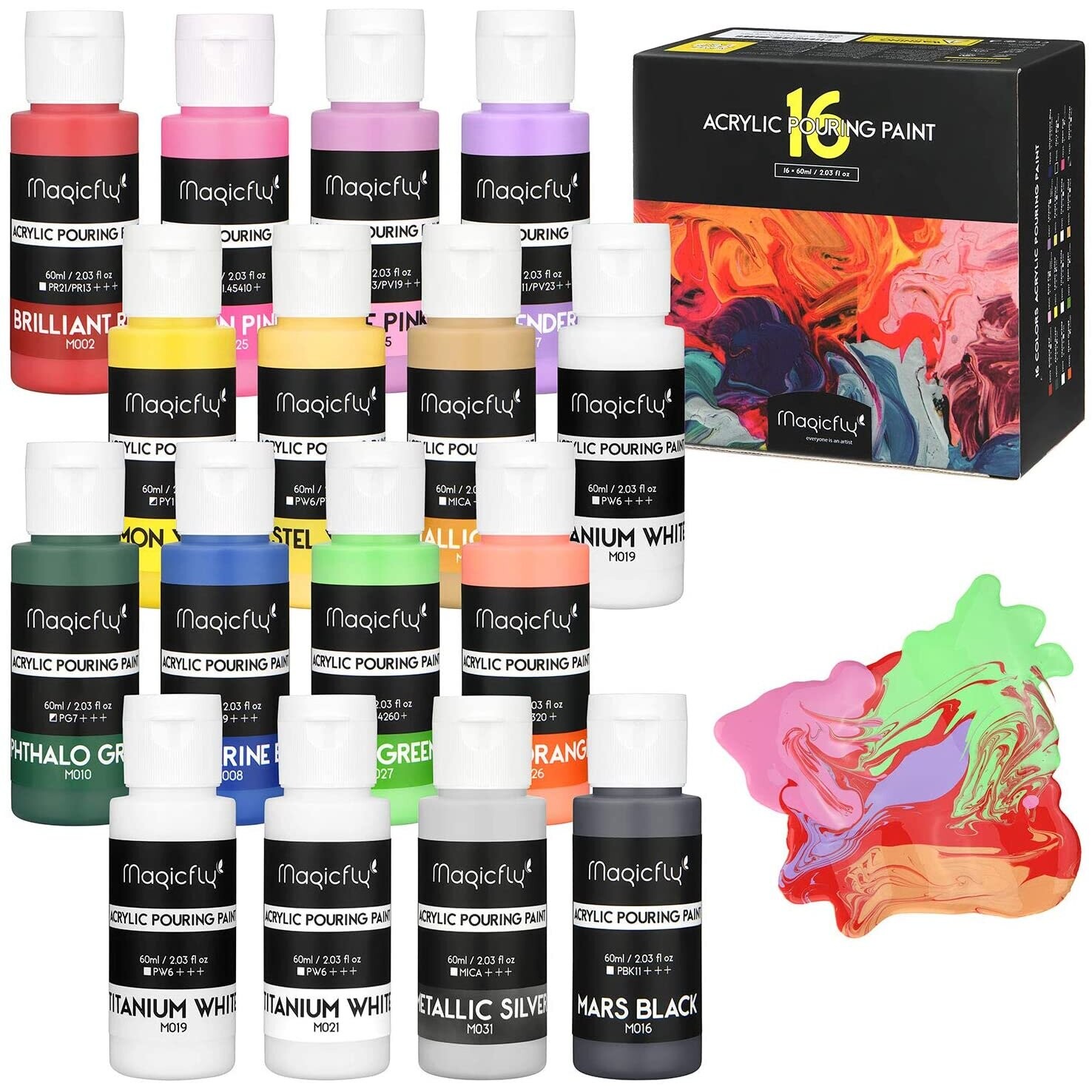16 Colours 60ml Acrylic Pouring Paint Pre-Mixed High Flow Liquid ...