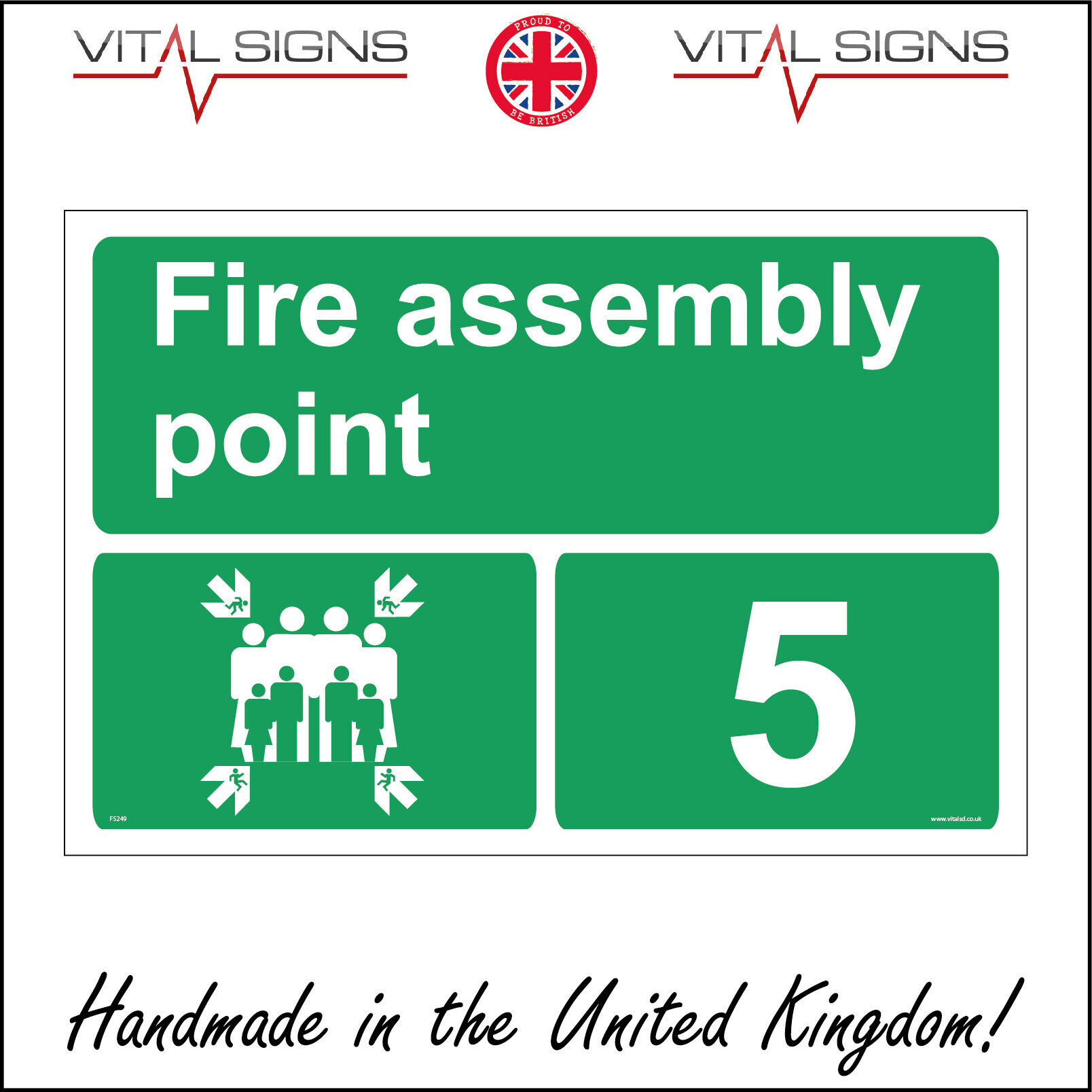 (200 x 150mm - 8 x 6, Sticker / Sav - White Background) FS249 Fire Assembly Point 5 Sign Five ...