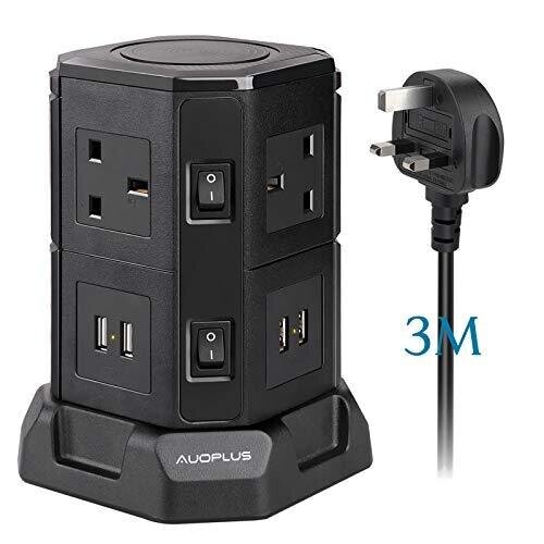 AUOPLUS 3M Tower Extension Lead Power Strip, Vertical Extension Cord with 6 Way 4 USB Slots(4.5A ...