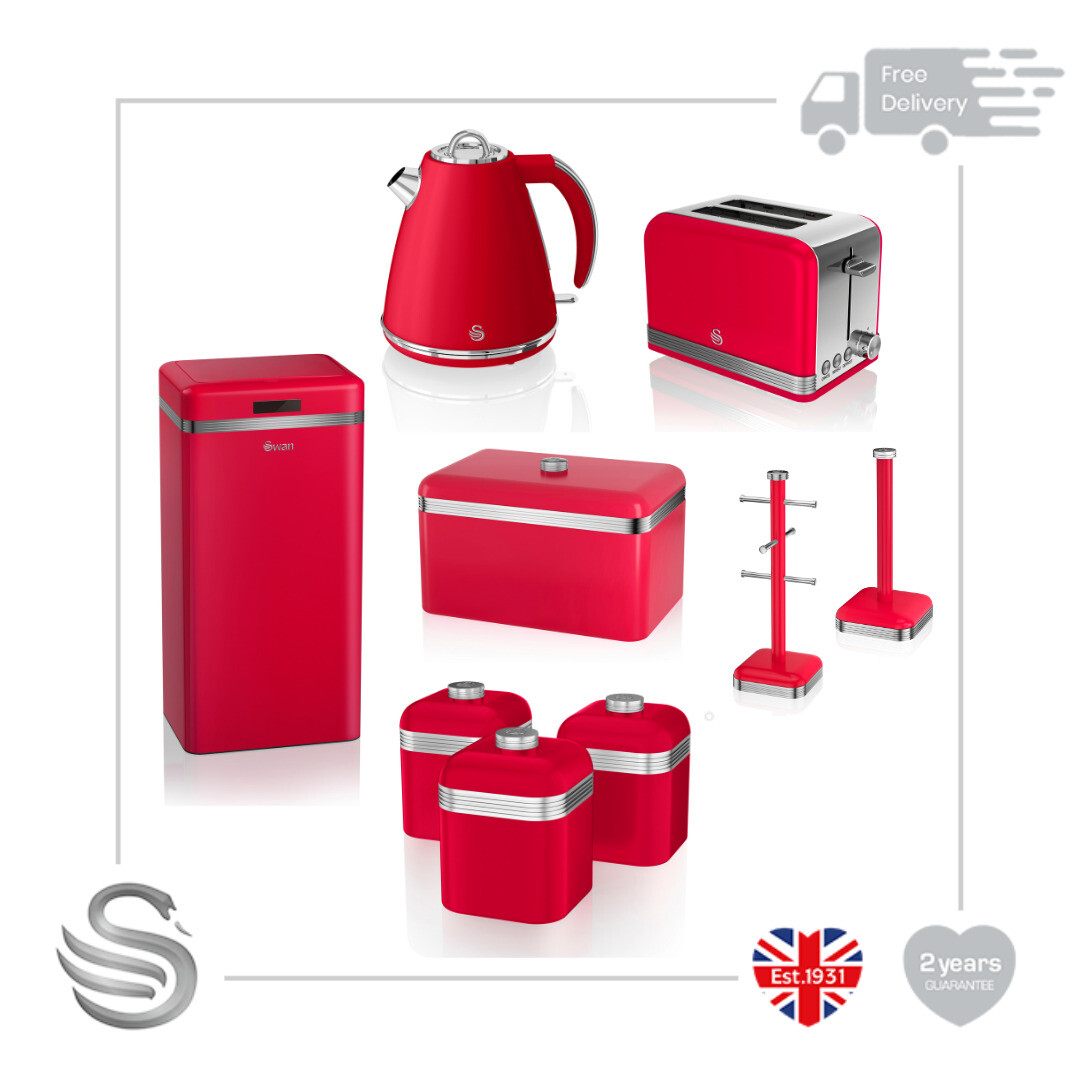 Swan Retro 9pce Kitchen Set- 45L Electric Bin, 1.5L Cordless Kettle, 2 ...