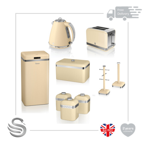 Swan Retro 9pce Kitchen Set- 45L Electric Bin, 1.5L Cordless Kettle, 2 ...