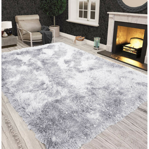 (White) Non Slip Shaggy Sparkle Living Room Carpet Rugs on OnBuy