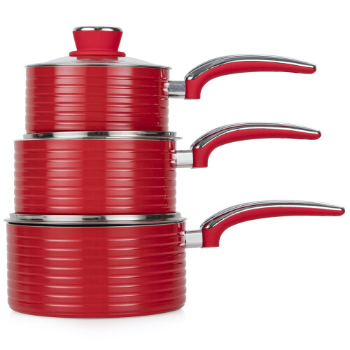 Swan Red Retro Non-Stick 5pce Pan Set, 3 Saucepans 16/18/20cm, 2 Frying ...