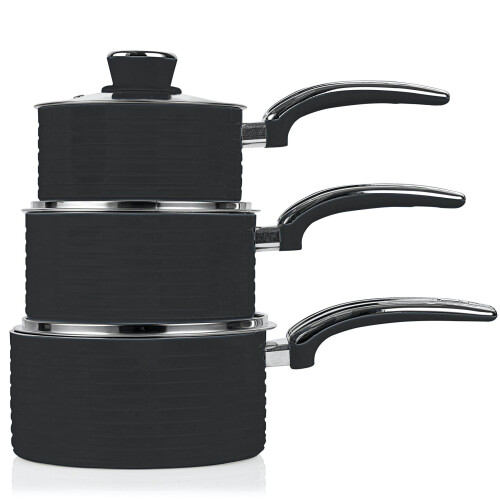 Swan Black Retro Non-Stick 5pce Pan Set, 3 Saucepans 16/18/20cm, 2 ...