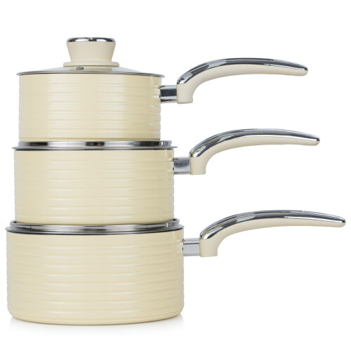 Swan Cream Retro Non-Stick 5pce Pan Set, 3 Saucepans 16/18/20cm & 2 ...