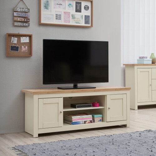 Lisbon TV Unit Stand Media Cabinet 2 Doors + Shelf Cream on OnBuy