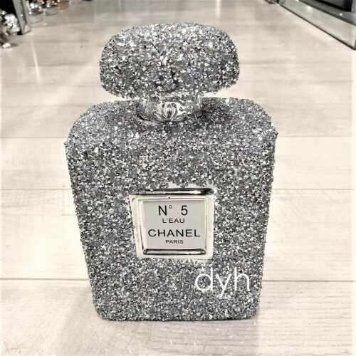 XL SILVER CRUSHED DIAMOND SPARKLY PERFUME BOTTLE ORNAMENT SHELF BLING ...