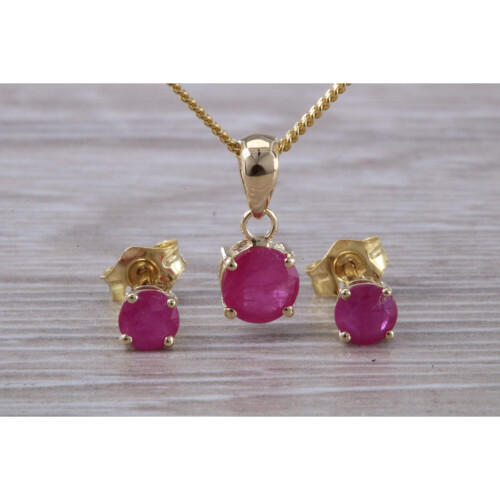 Real Ruby Earrings and Necklace Set, Solid 9ct Yellow Gold on OnBuy