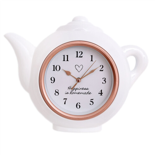 White And Rose Gold Teapot Shaped Kitchen Clock | Modern Wall Mounted ...