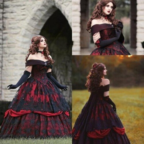 (Same color picture) Gothic Belle Red Black Lace Wedding Gown Vintage ...