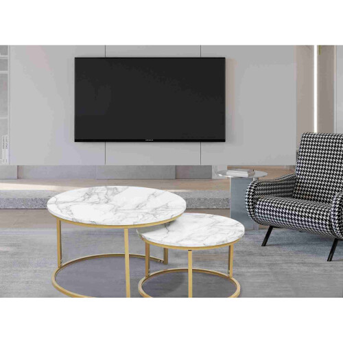 Double Nested Coffee Table Set Marble Effect Nesting Sofa Side Table on ...