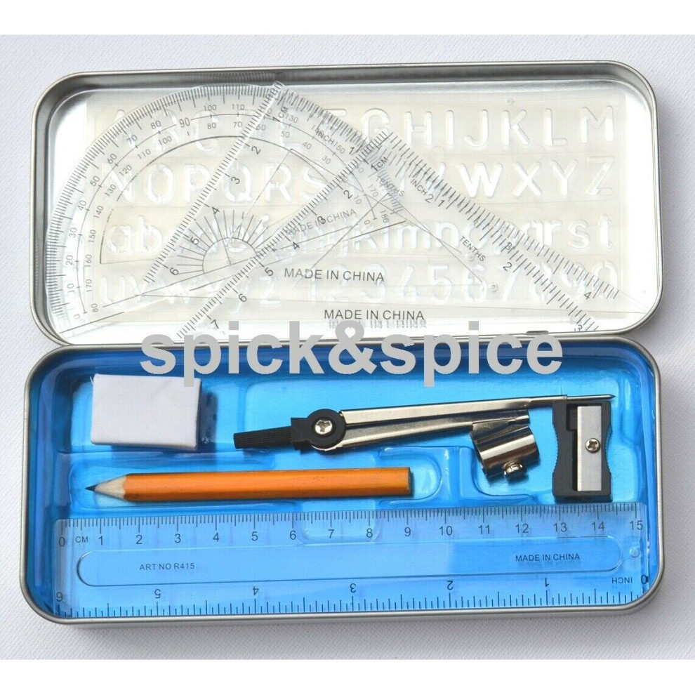 10-Piece School Math Set in Tin Case: 15cm Ruler, Compass, 2 Set ...